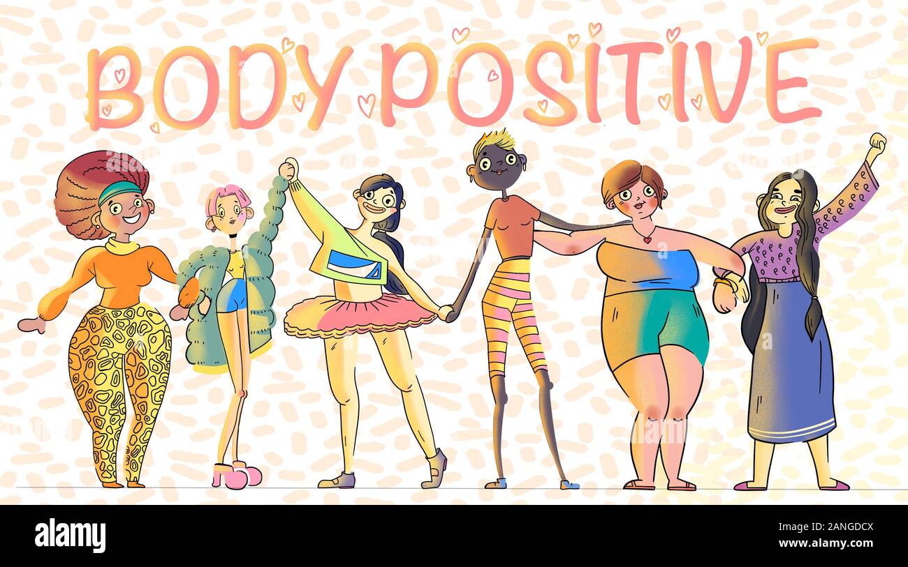 Body positive. Cute, cartoon illustration with women different body ...