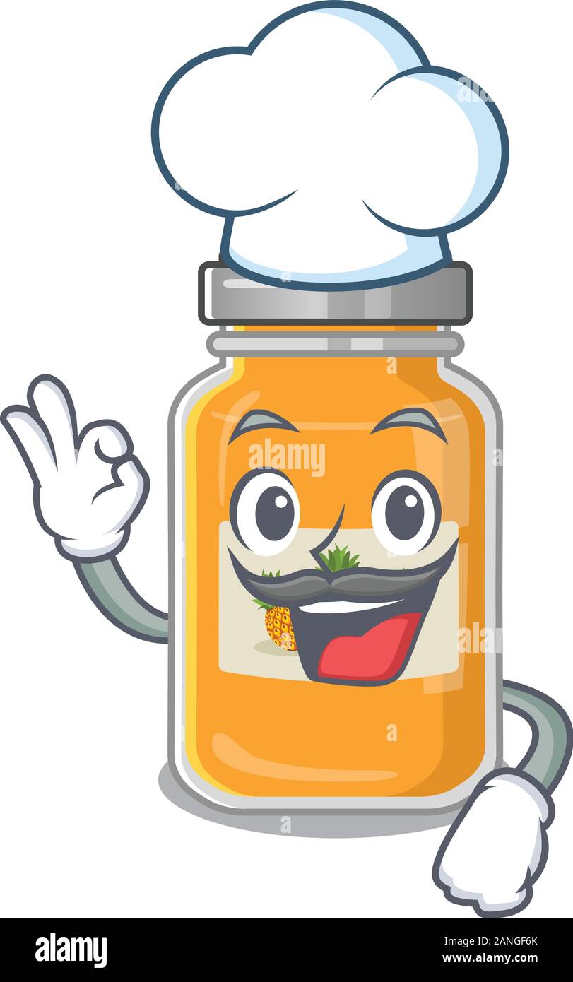 Pineapple jam cartoon character wearing costume of chef and white hat ...