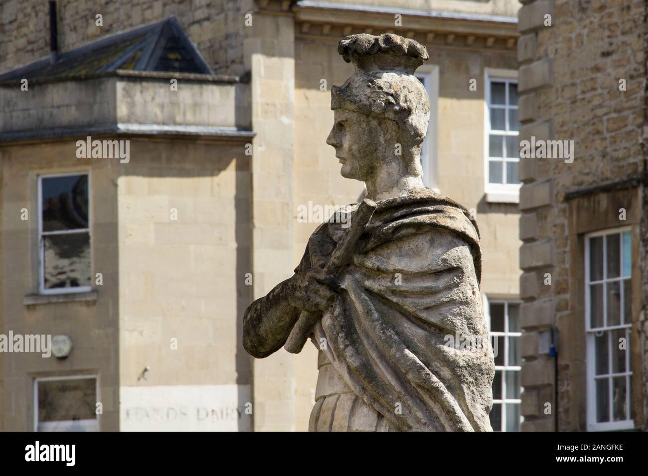 BATH, UK - APRIL 10, 2019. Statue at the Roman Baths where construction ...