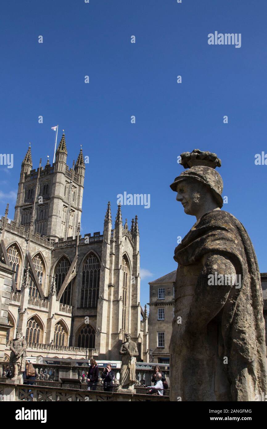 BATH, UK - APRIL 10, 2019. A Roman Soldier at the Roman Baths with Bath ...