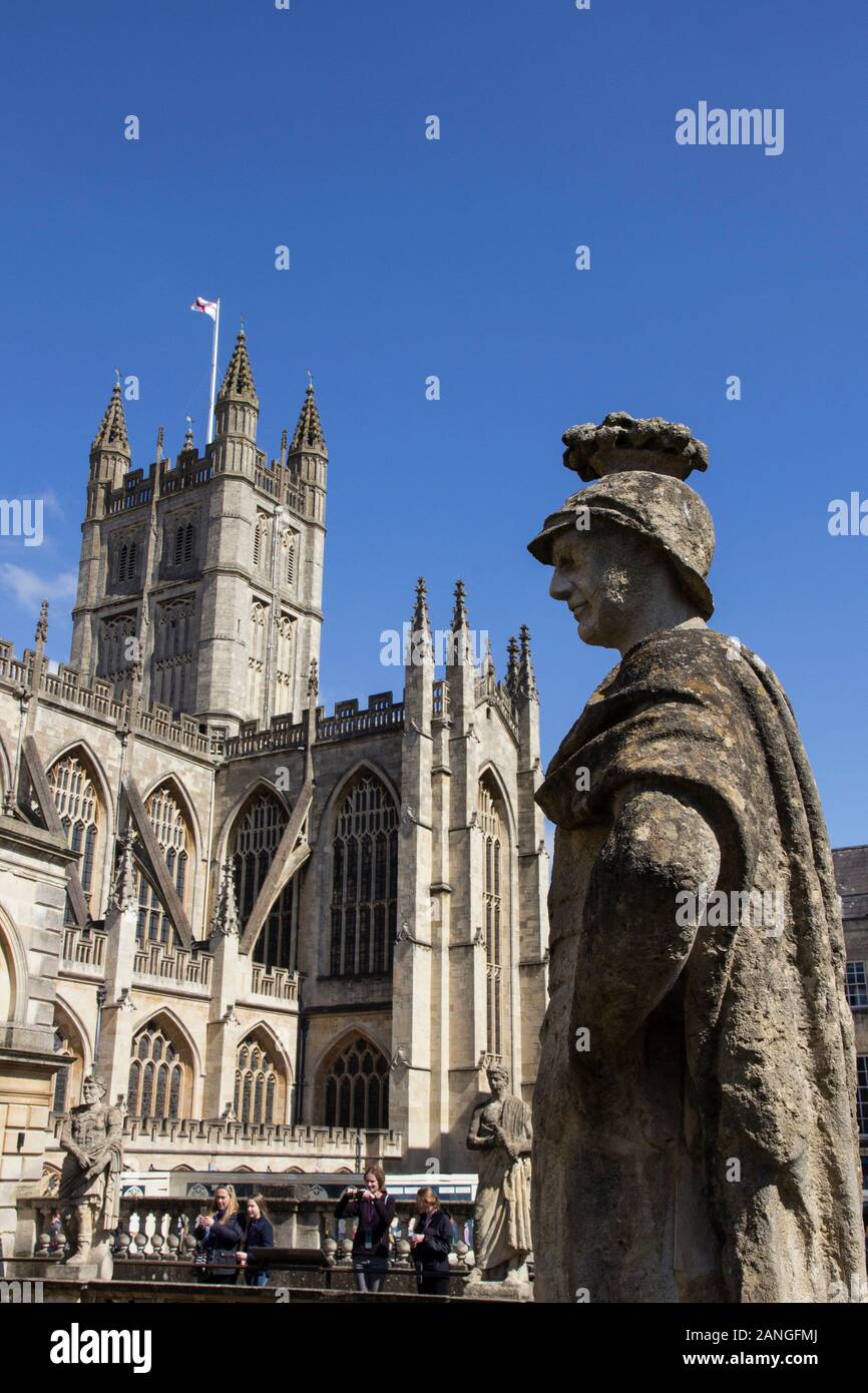 BATH, UK - APRIL 10, 2019. A Roman Soldier at the Roman Baths with Bath ...