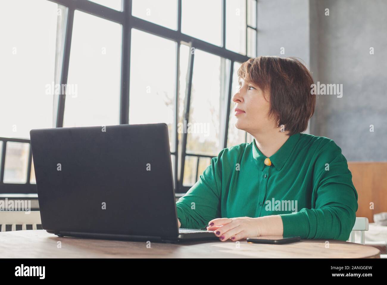 Middle aged woman working laptop computer indoors Stock Photo - Alamy