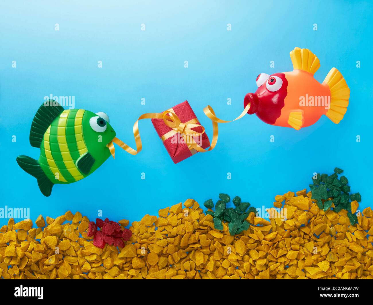 Two colourful fish toys with a box and blue background Stock Photo - Alamy