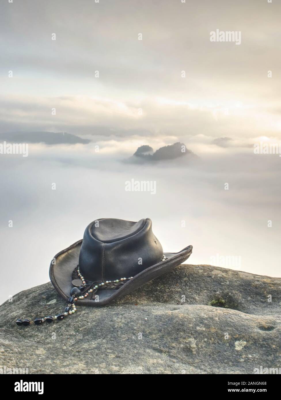 Wild west. Traditional american cowboy hat. Misty rocky mountains ...