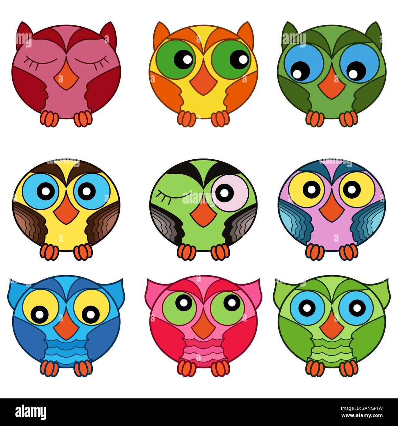 Set of nine cute cartoon oval owls in various colors isolated on the ...
