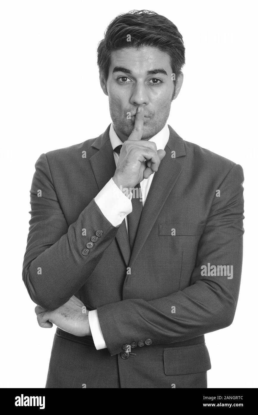 Handsome man finger on Black and White Stock Photos & Images - Alamy