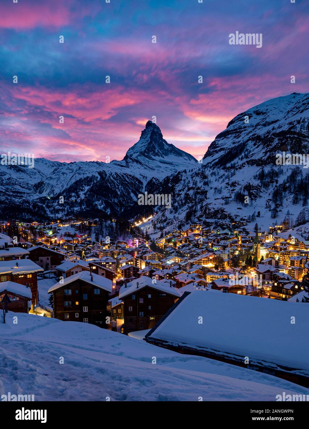 The village of Zermatt in front of the Matterhorn at a wonderful Sunset ...