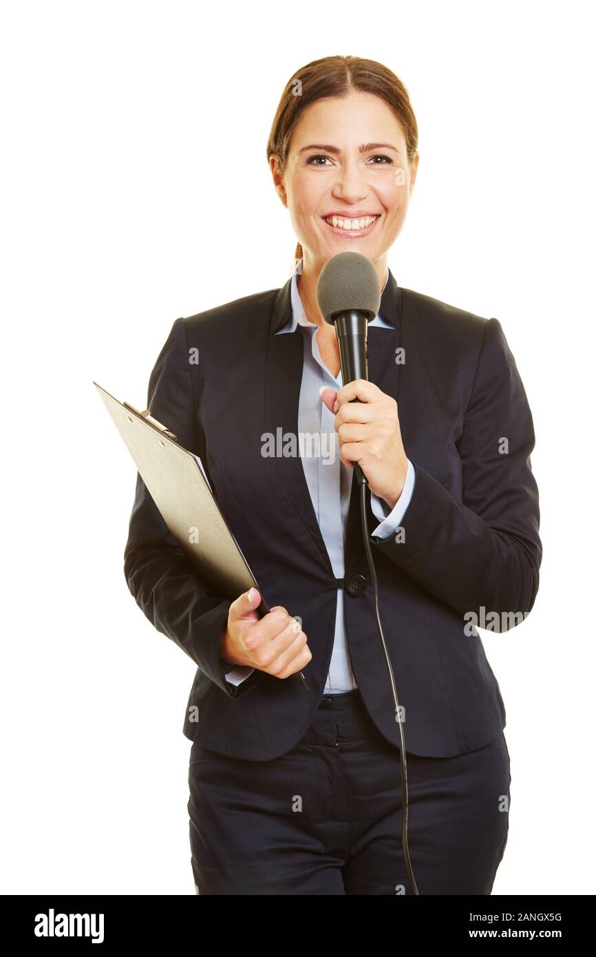 Smiling journalist with a microphone and clipboard Stock Photo - Alamy