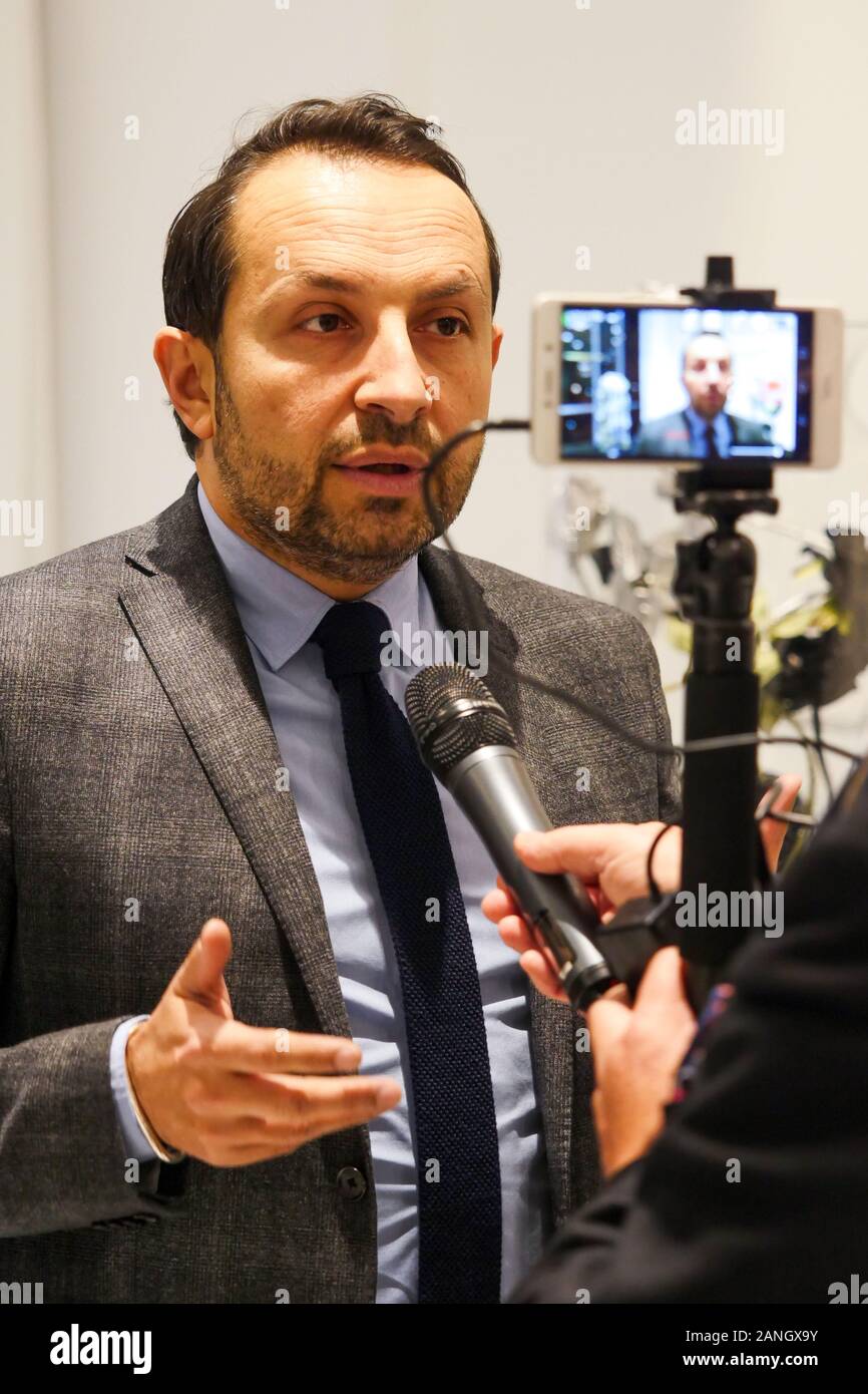 French far right deputy Sebastien Chenu talks to TV journalist, Vaulx ...