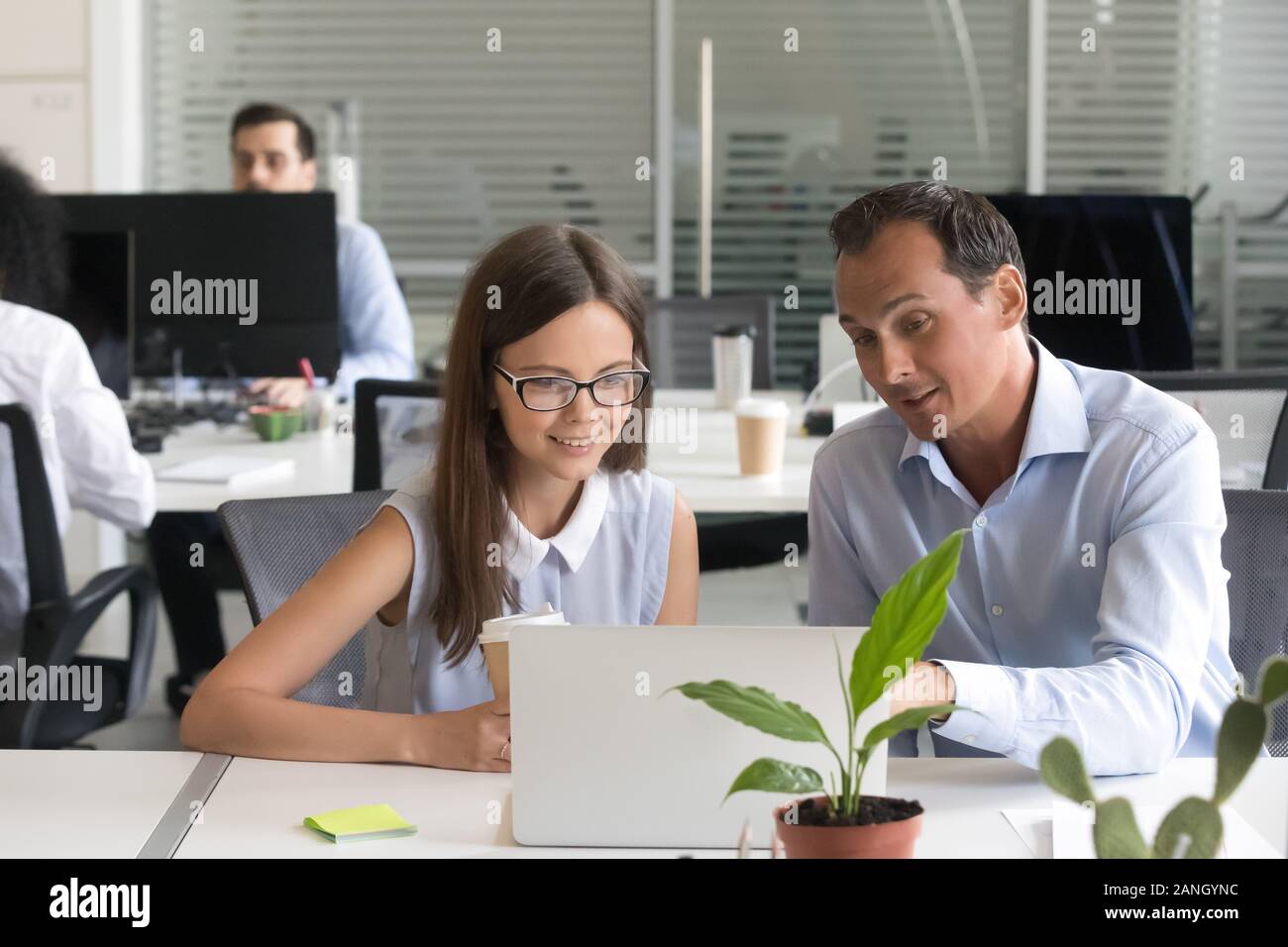 Diverse colleagues sit at computer working together on company business ...
