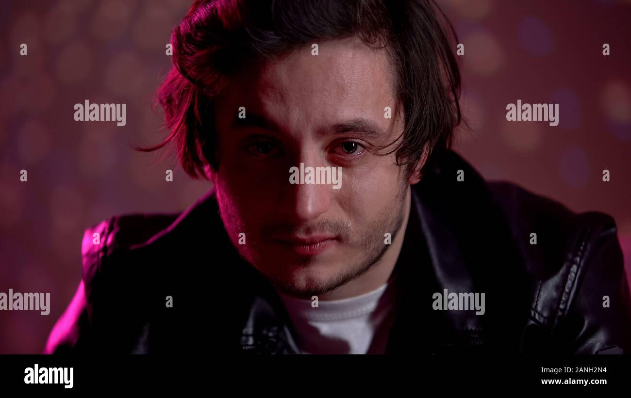 Depressed man crying at camera, regretting vain existence, emotional ...