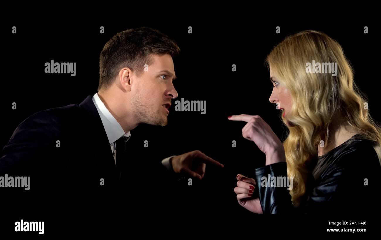 Furious couple arguing, blaming each other, relationship crisis black ...