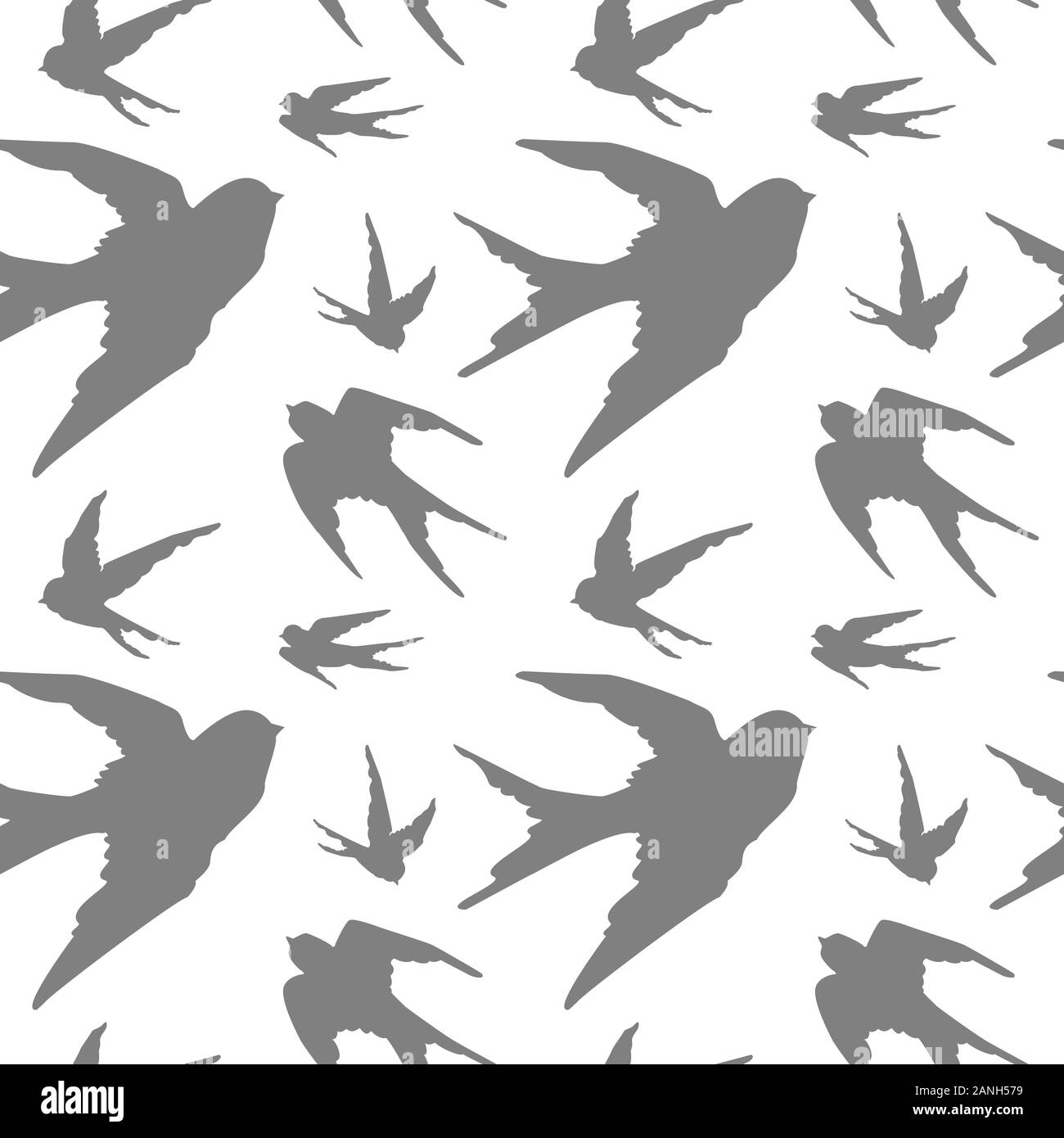 Freehand drawn gray silhouettes of swallows and pigeons in flight on ...