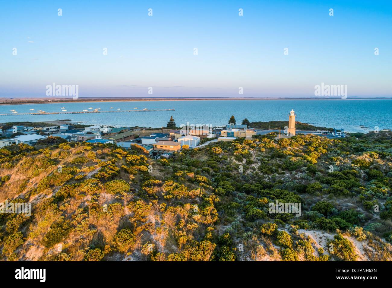 Aerial view of Cape Martin Lighthouse at sunset. Beachport, South ...