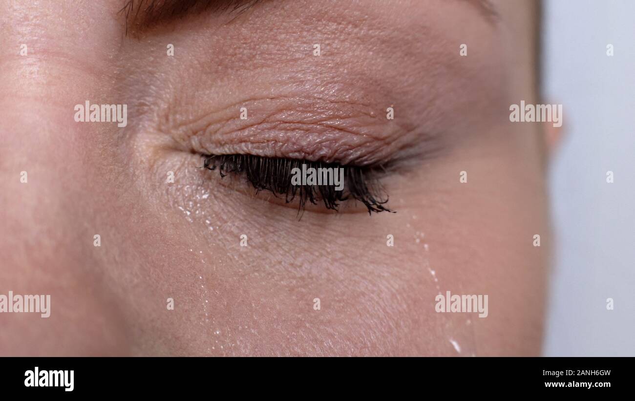 Depressed female crying with tears closeup, overwhelming pain of loss ...