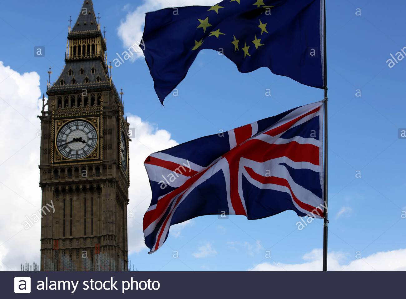 EU and UK flags flying at Westminster during an EU rally Stock Photo ...