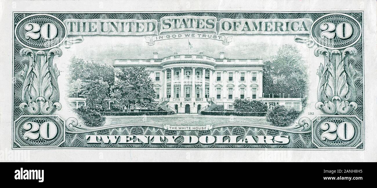 US 20 dollars banknote with white house closeup macro fragment. United ...