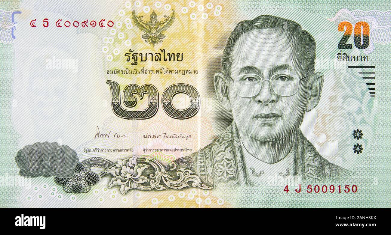 King Bhumibol Adulyadej on 20 Baht Thailand money bill close up. Bill ...