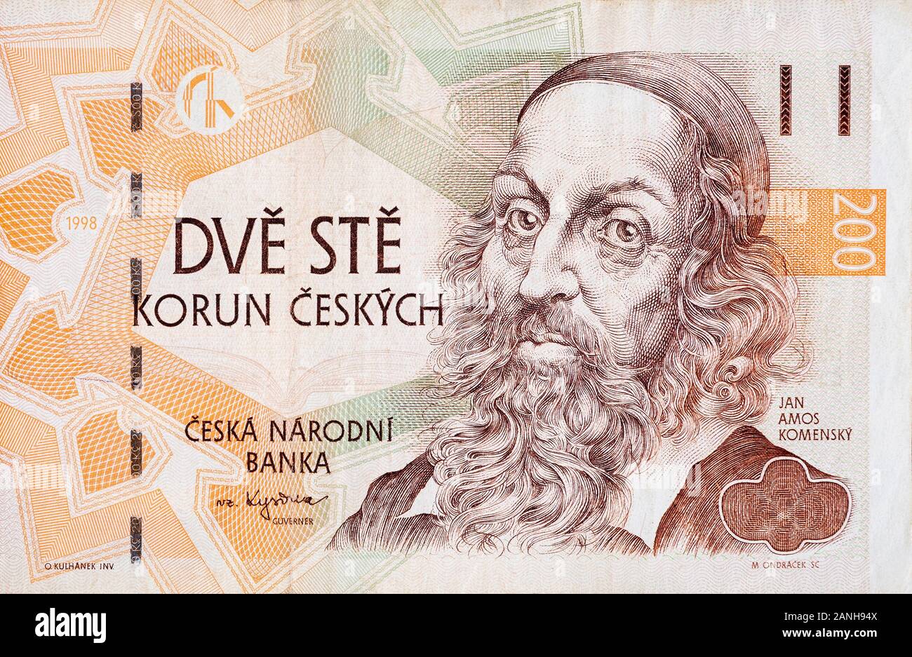 Jan Amos Komensky portrait from Czech money 200 Czech Korun bank note ...