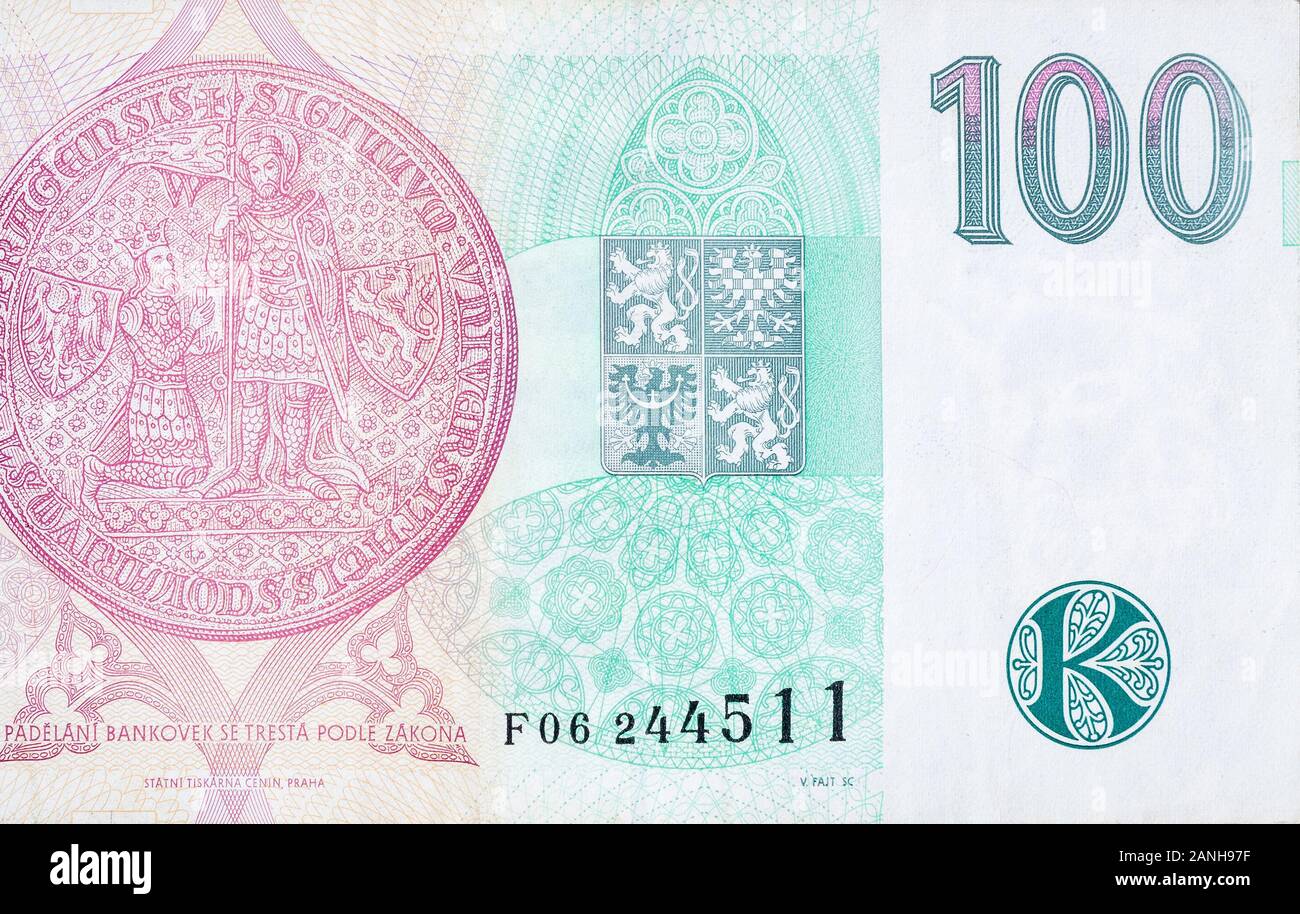 Czech Republic 100 Korun 1997 Bank Note close up bill fragment. One ...