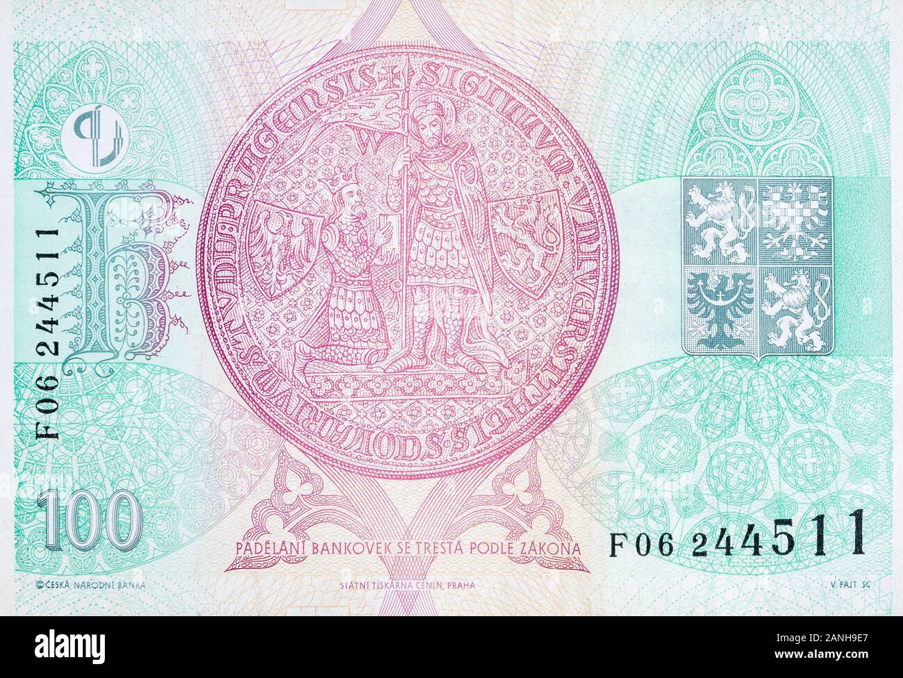 Czech Republic 100 Korun 1997 Bank Note close up bill fragment. One ...