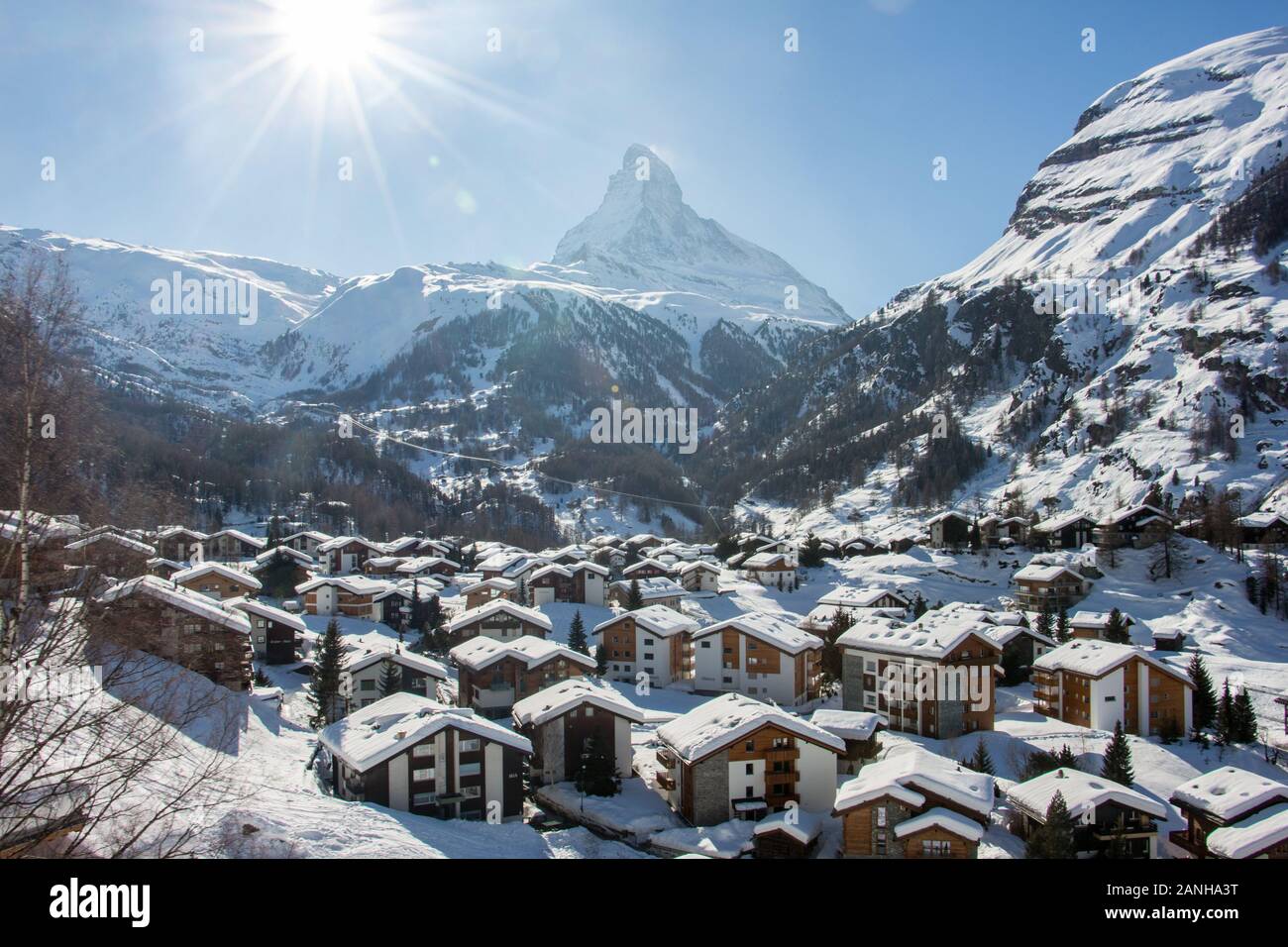 Zermatt city and matterhorn sun view winter snow landscape Swiss Alps ...