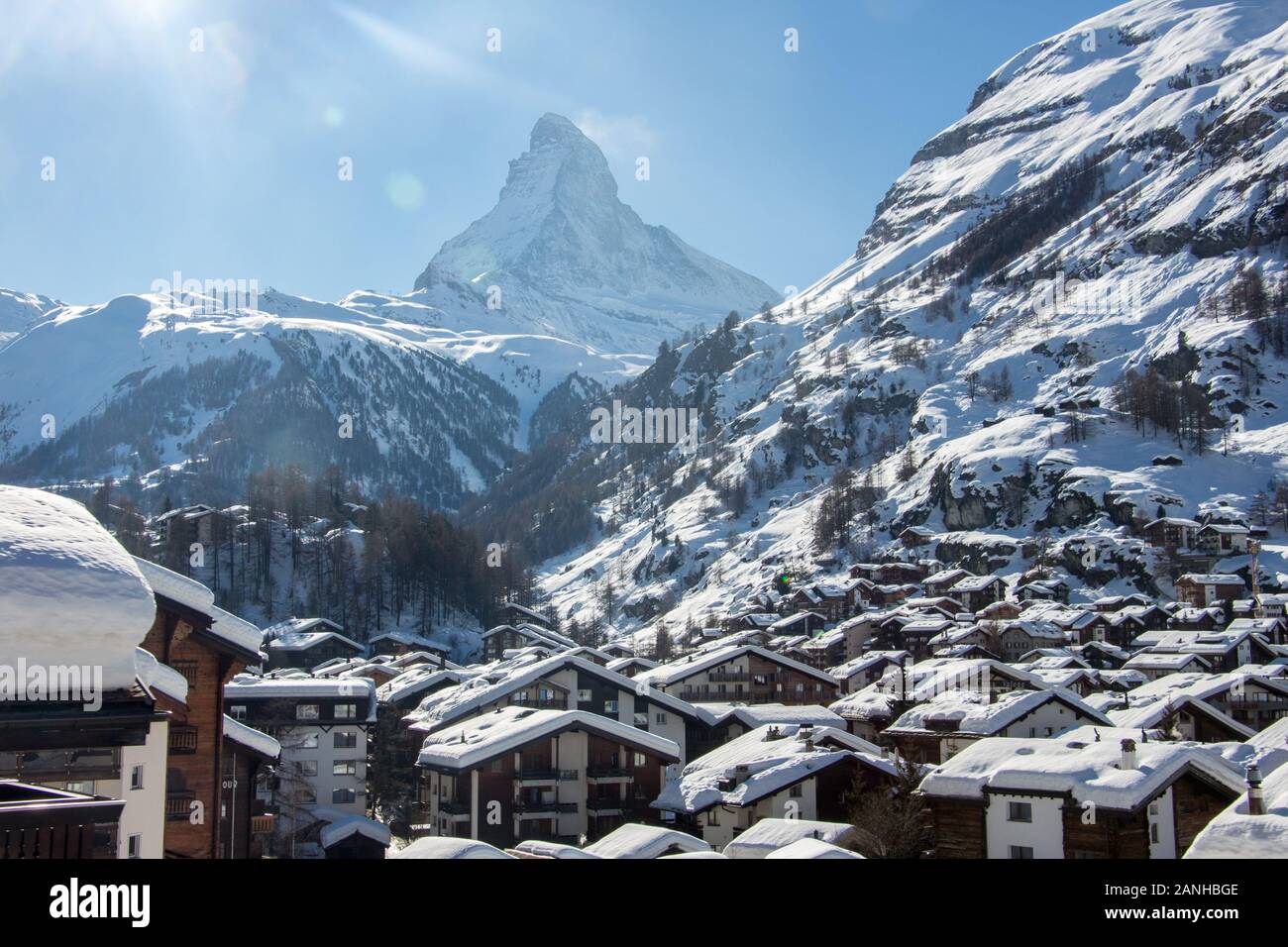 Zermatt city and matterhorn sun view winter snow landscape Swiss Alps ...