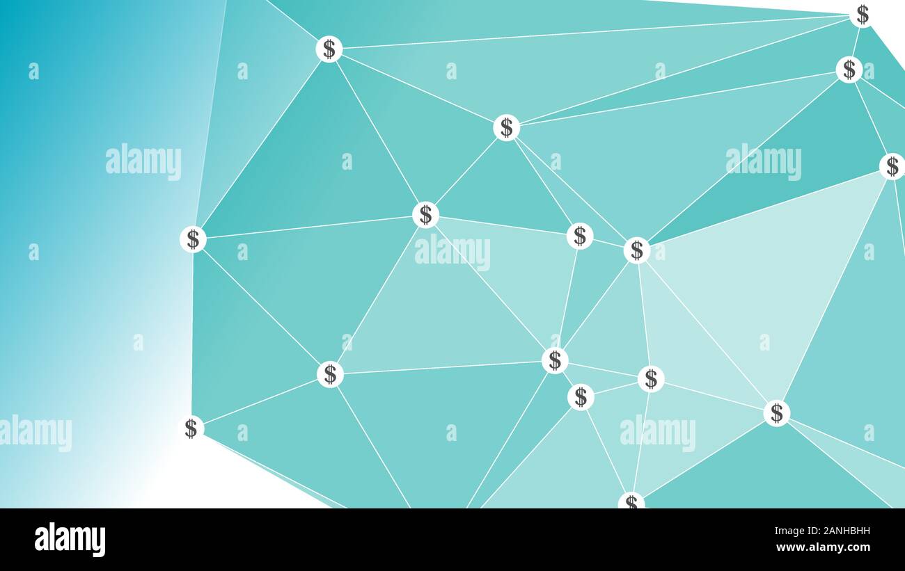 Dollar sign in white circles connected, triangle shapes connections ...