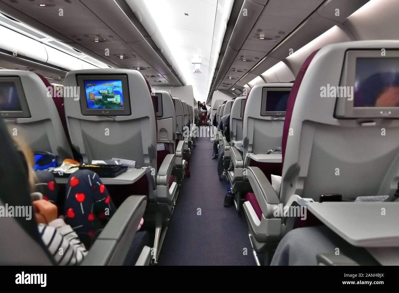 Doha, Qatar - Nov 24. 2019. Salon Airbus A320 Economy class of Qatar ...