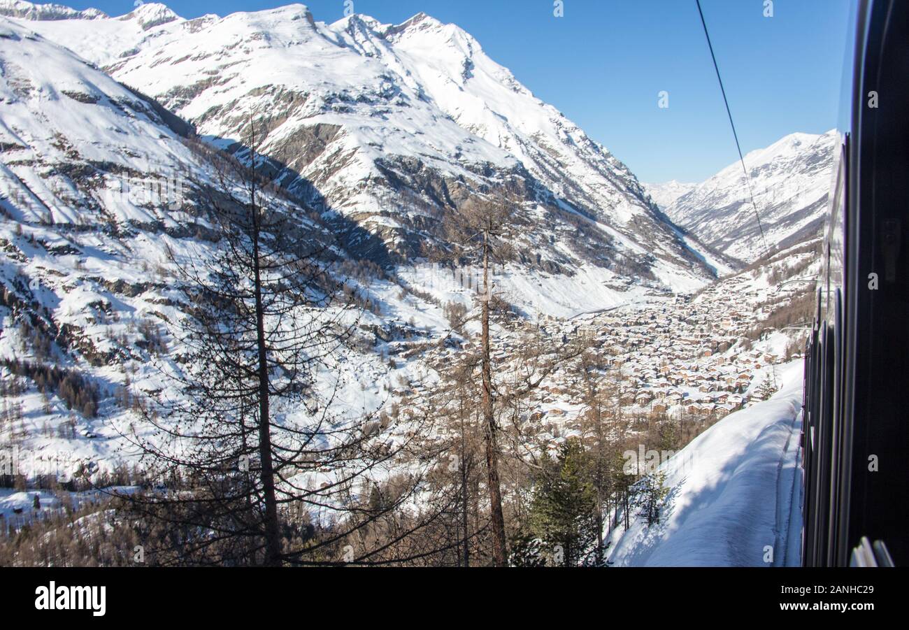 Zermatt city Mattertal view from train winter snow landscape Swiss Alps ...
