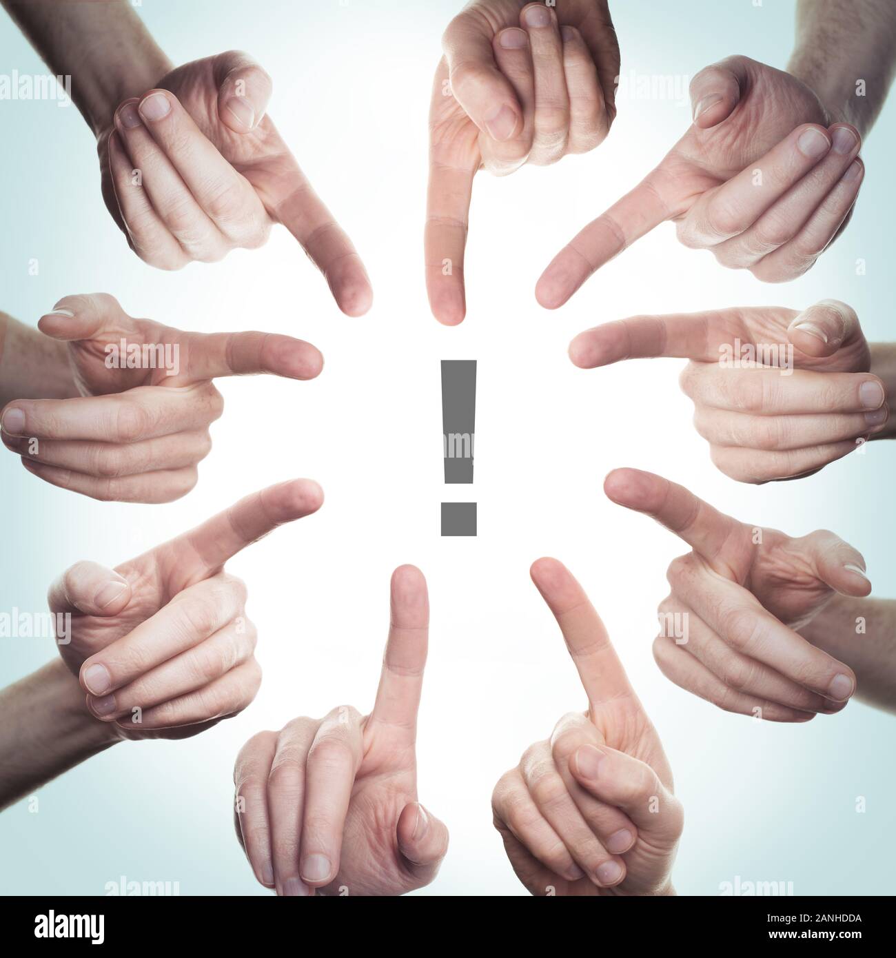 Many hands point to a Exclamation point. Concept attention Stock Photo ...