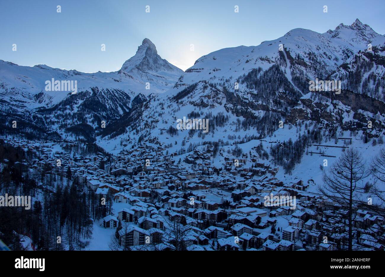 Zermatt city and matterhorn sun view winter snow landscape Swiss Alps ...