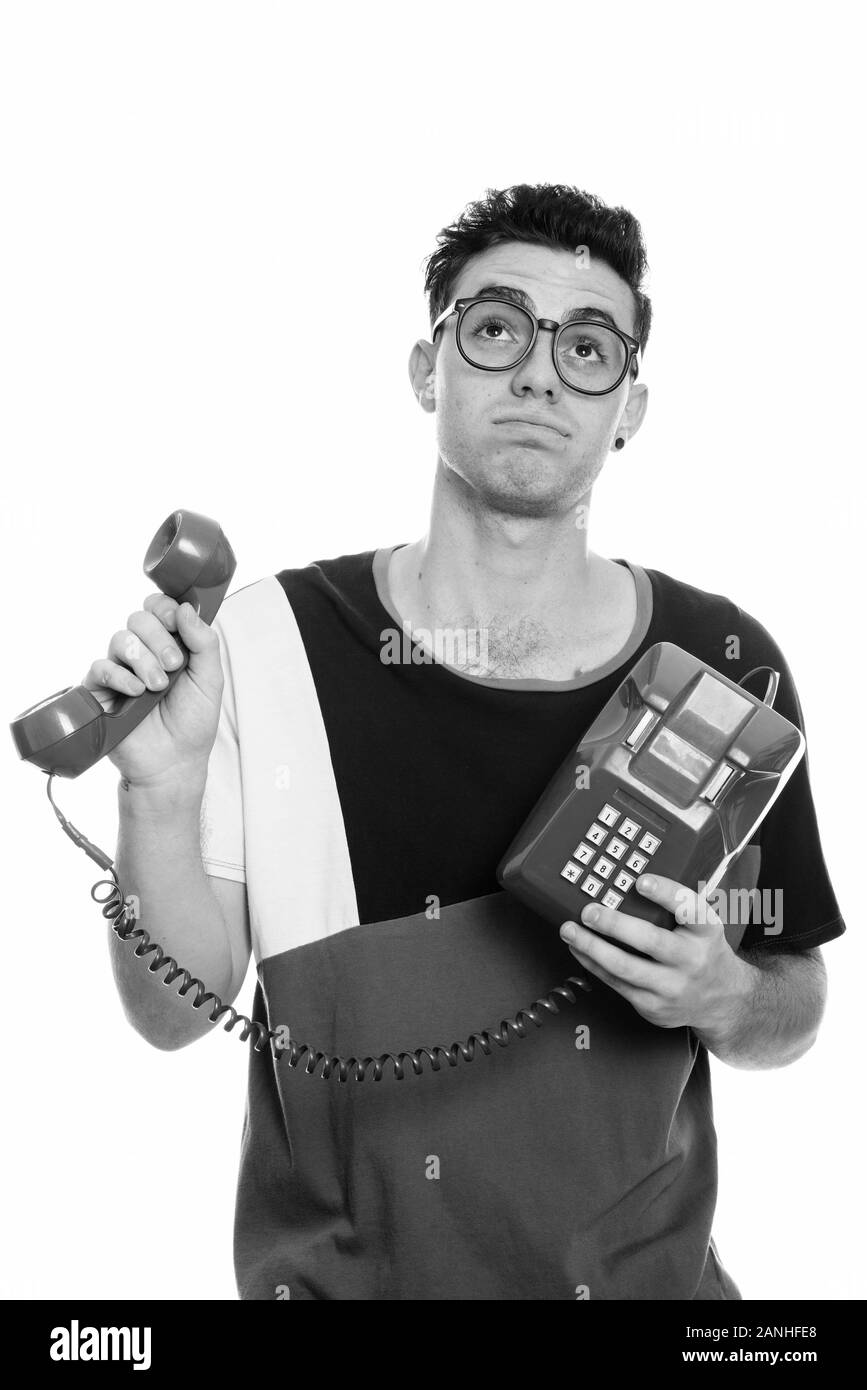 Sad holding phone Black and White Stock Photos & Images - Alamy