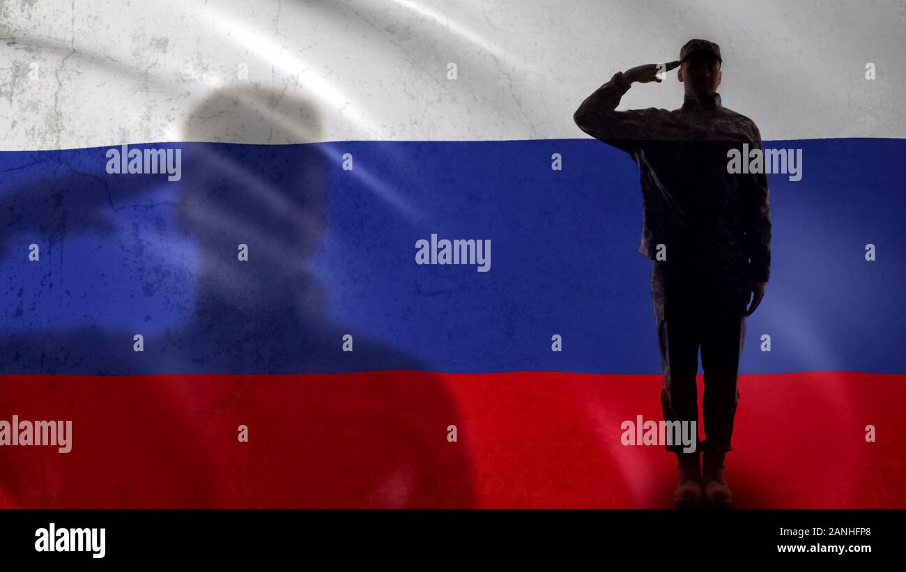 Russian soldier silhouette saluting against national flag, country ...