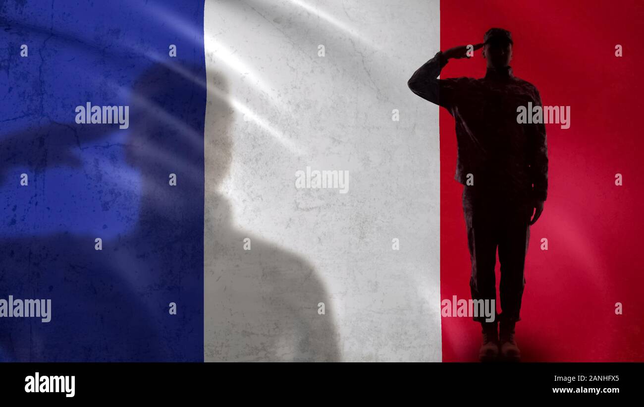 French soldier silhouette saluting against national flag, national ...