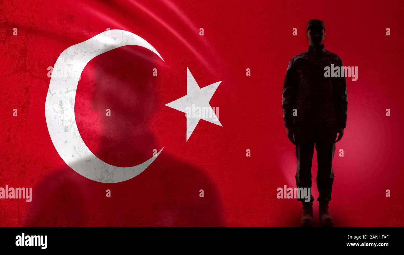 Turkish soldier silhouette standing against national flag, proud army ...