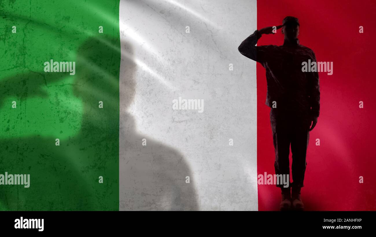 Italian soldier silhouette saluting against national flag, proud army ...