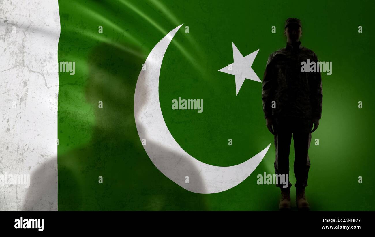 Pakistani soldier silhouette standing against national flag, proud army ...