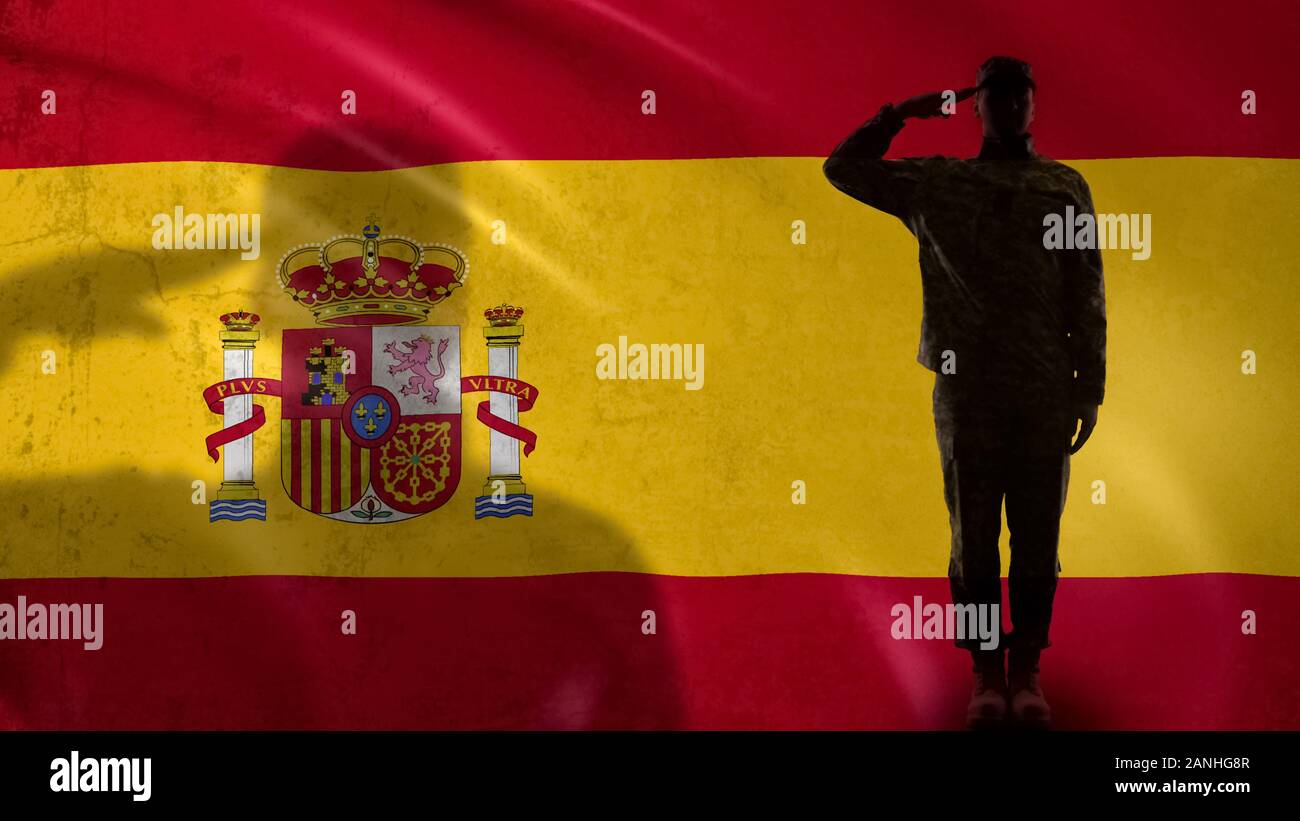 Spanish soldier silhouette saluting against national flag, military ...