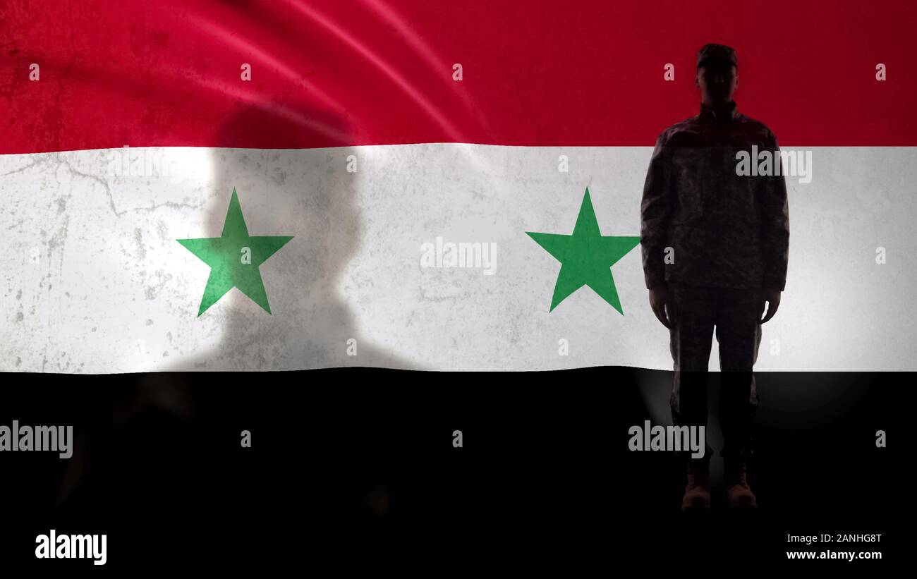 Syrian soldier silhouette standing against national flag, proud army ...