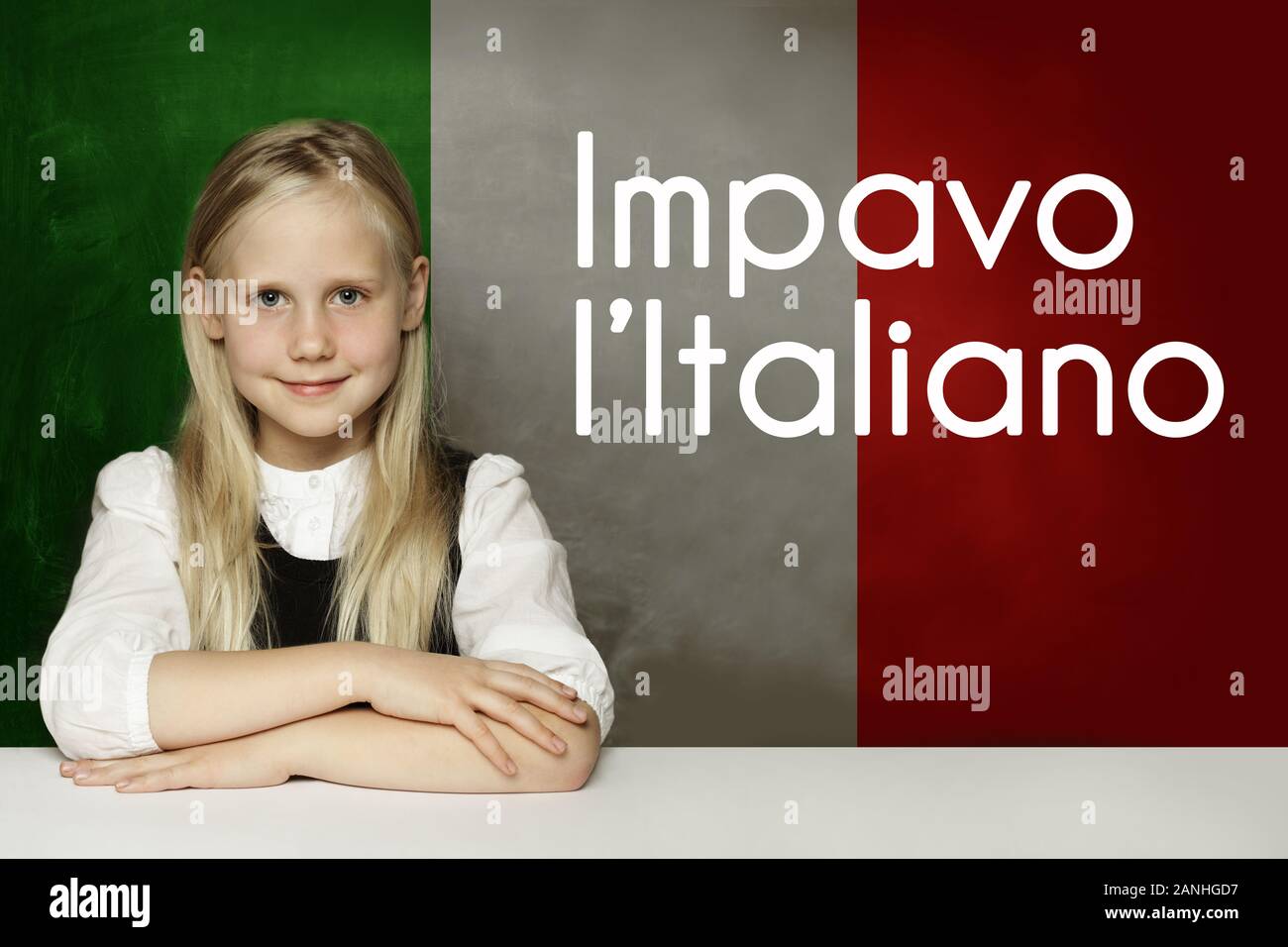 Thinking child girl student against the Italy flag background. Italian ...