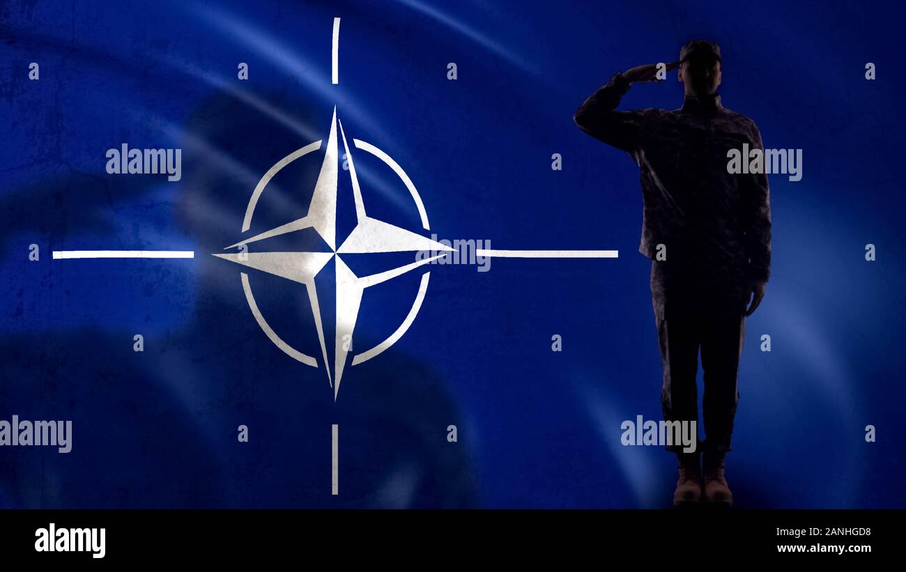 NATO flag with saluting soldier silhouette, collective defense of ...