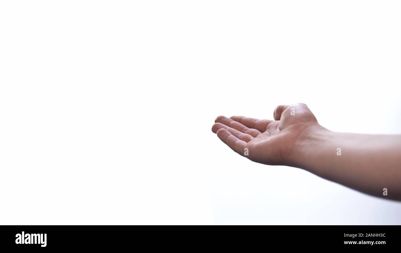 Man hand asking for help on white background, begging for blessing and ...