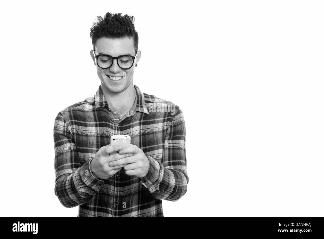 Smiling man eyeglasses using Black and White Stock Photos & Images - Alamy