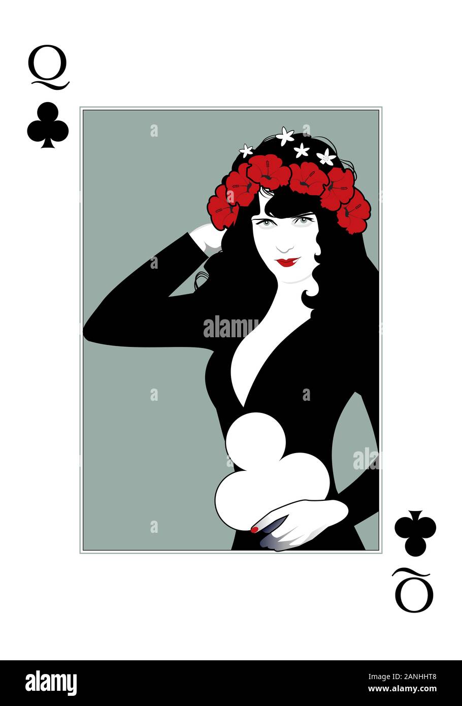 Queen of Clubs with flower wreath, holding a clover. Poker card Stock ...