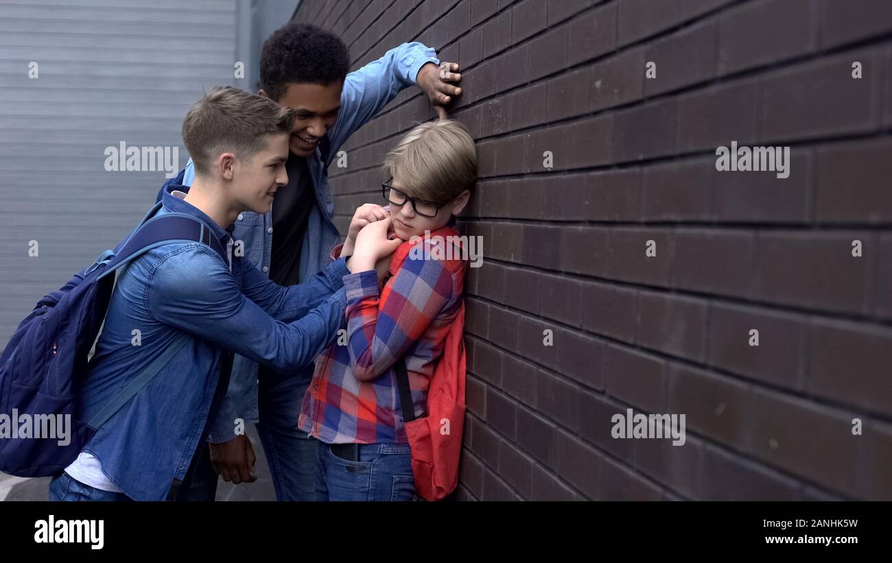 Mean students pushing classmate to wall, bullying in school, children ...
