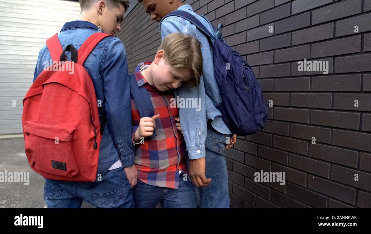 Senior students stopping boy in backyard, demonstrating authority ...