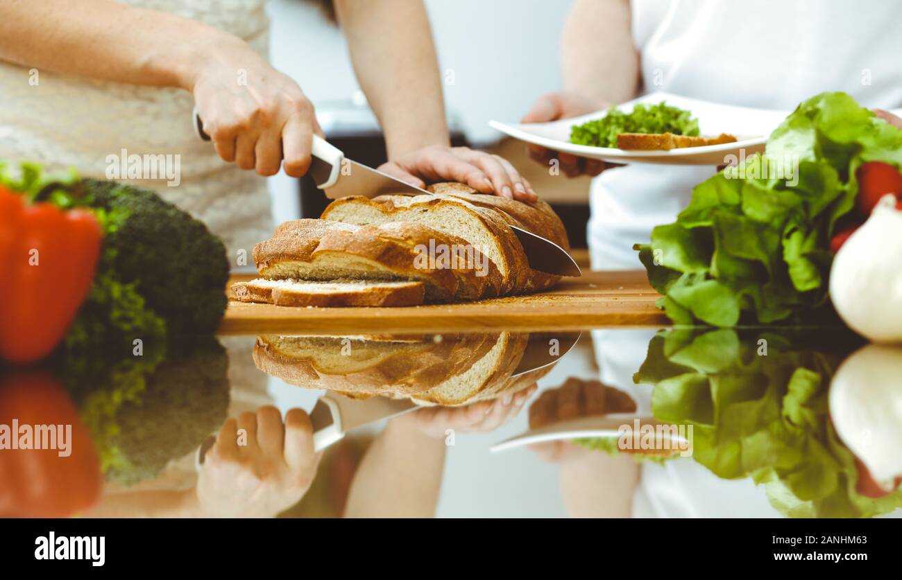Closeup of human hands cooking in kitchen. Mother and daughter or two ...