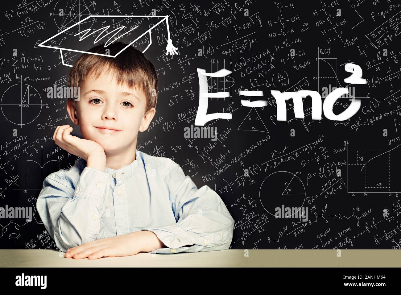 Student little boy and science background. Kid is thinking about ...
