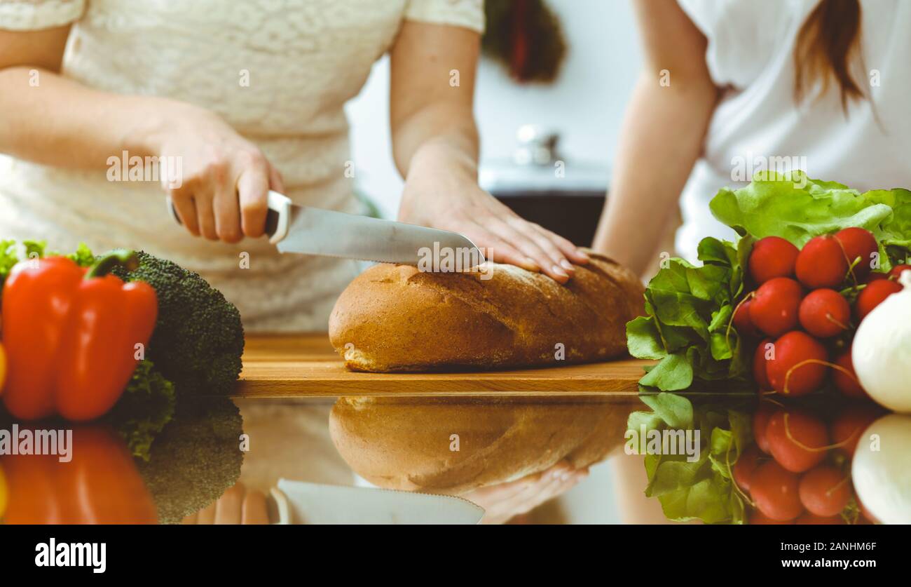 Closeup of human hands cooking in kitchen. Mother and daughter or two ...